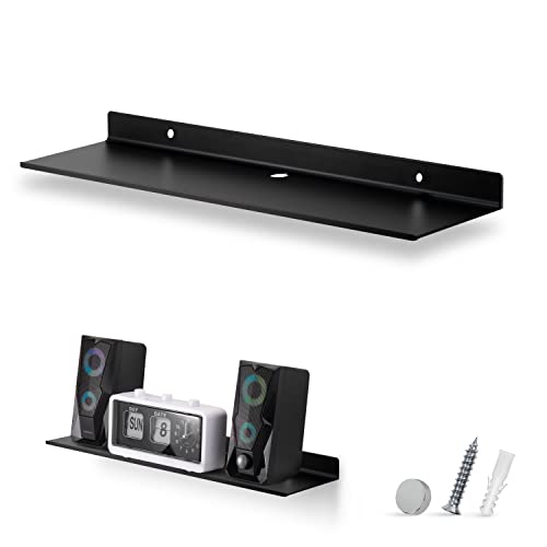 BRAINWAVZ 19.5" Floating Metal Wall Shelf for Books, Organizer, Speakers, Plants, Cameras, Books, Decor Display, Storage, Routers & More Wide Universal Holder Shelf (Black)