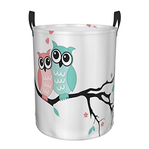 Laundry Basket,Owl Couple Sitting On Tree Branch Valentines Romance Love,Large Canvas Fabric Lightweight Storage Basket/Toy Organizer/Dirty Clothes Collapsible Waterproof For College Dorms-Large