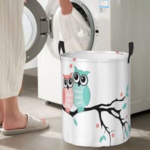 Laundry Basket,Owl Couple Sitting On Tree Branch Valentines Romance Love,Large Canvas Fabric Lightweight Storage Basket/Toy Organizer/Dirty Clothes Collapsible Waterproof For College Dorms-Large