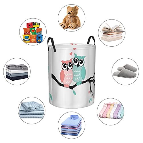 Laundry Basket,Owl Couple Sitting On Tree Branch Valentines Romance Love,Large Canvas Fabric Lightweight Storage Basket/Toy Organizer/Dirty Clothes Collapsible Waterproof For College Dorms-Large