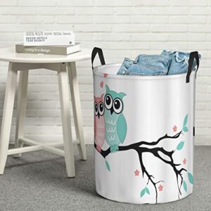 Laundry Basket,Owl Couple Sitting On Tree Branch Valentines Romance Love,Large Canvas Fabric Lightweight Storage Basket/Toy Organizer/Dirty Clothes Collapsible Waterproof For College Dorms-Large