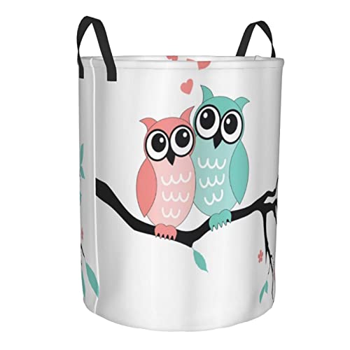 Laundry Basket,Owl Couple Sitting On Tree Branch Valentines Romance Love,Large Canvas Fabric Lightweight Storage Basket/Toy Organizer/Dirty Clothes Collapsible Waterproof For College Dorms-Large