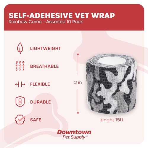 Cohesive Vet Wrap for Dogs, Self Adhesive Bandages in Bulk, Pet Cat Wound Care, Gauss Bandage for Horses by Downtown Pet Supply (Rainbow Camo, 10 Pack)