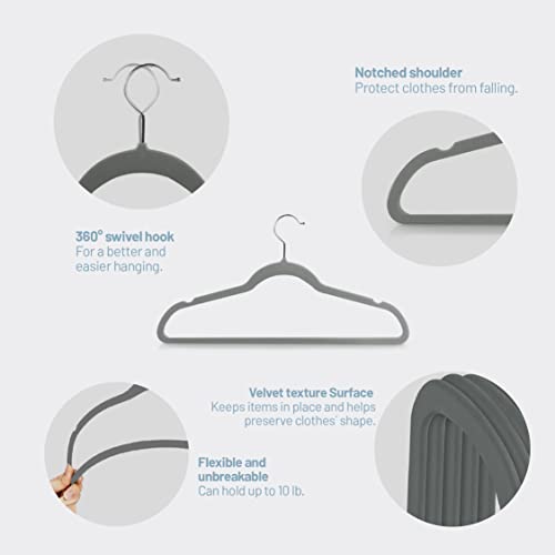 AWENN - Velvet Adults Clothes Hangers for Closet. Non Slip Men and Women Clothing Hangers with 360 Degrees Swivel Hook (Grey, 50 pcs)