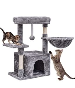 syandlvy cat tree for indoor cats, activity tower with scratching posts & board, modern kitten condo with plush perch, hammock & hanging ball for play (light grey)