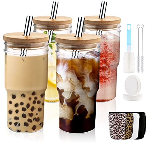 MOVNO Smoothie Mason Jar Cups with Lid And Straw, 22 oz Pack of 4 Reusable Boba Tea Drinking Jars Cup with Airtight Lids and Brush, Reusable Glass Tumbler with Sleeves for Iced Coffee,Milkshake, Gift