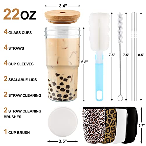 MOVNO Smoothie Mason Jar Cups with Lid And Straw, 22 oz Pack of 4 Reusable Boba Tea Drinking Jars Cup with Airtight Lids and Brush, Reusable Glass Tumbler with Sleeves for Iced Coffee,Milkshake, Gift