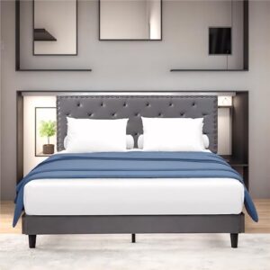 gazhome twin xl velvet bed frame, upholstered platform bed with adjustable tufted headboard, rivet ornament, wood slat support, no box spring needed, easy assembly, grey