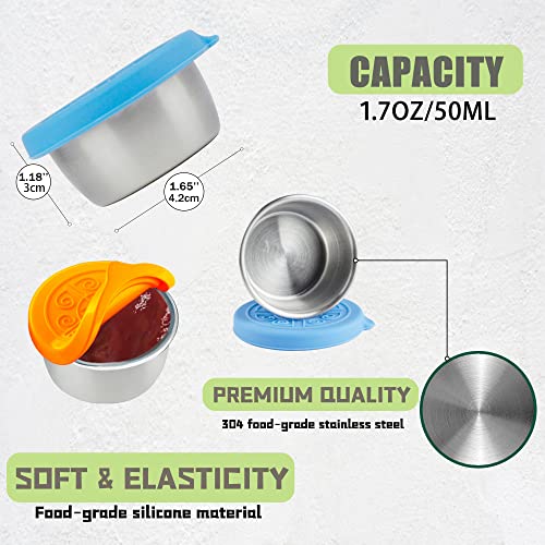 Jeadiuwe Salad Dressing Container To Go 6 x 1.7 oz Set,Reusable Small Stainless Steel Condiments Containers with the silicone Lids，Reusable Leakproof Sauce Containers for Lunch Box Leak Proof