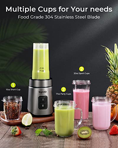 Syvio Blender for Shakes and Smoothies, 600W Personal Blender, Smoothie Blender with 2 BPA-Free 20 Oz Sport Cup, 2 Party Mugs, 1 * 10 Oz short cup,Easy to Clean