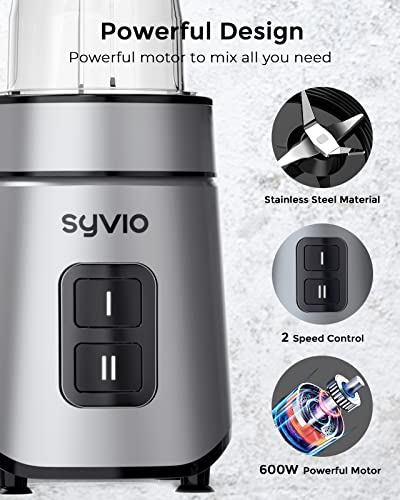 Syvio Blender for Shakes and Smoothies, 600W Personal Blender, Smoothie Blender with 2 BPA-Free 20 Oz Sport Cup, 2 Party Mugs, 1 * 10 Oz short cup,Easy to Clean