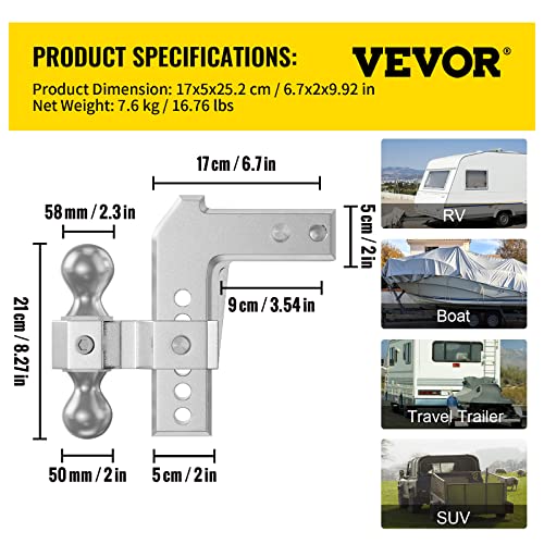 VEVOR Adjustable Trailer Hitch, Fits 2" Receiver, 6" Drop Ball Mount Hitch w/ Forged Aluminum Shank & Two Iron Balls, 12500 LBS Towing Capacity for Most Common Needs, Dual Locking Pins Included