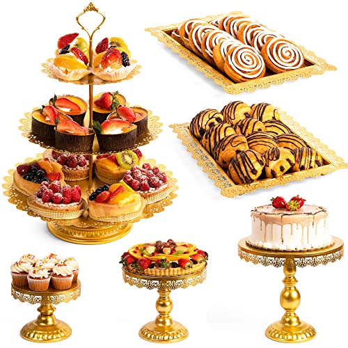 Priville Home 6-Piece Gold Cake Stand Set for Stunning Dessert Table Display - Elegant Dessert Trays for Dessert Table Setup - Wedding, Birthday, and Party Decorations