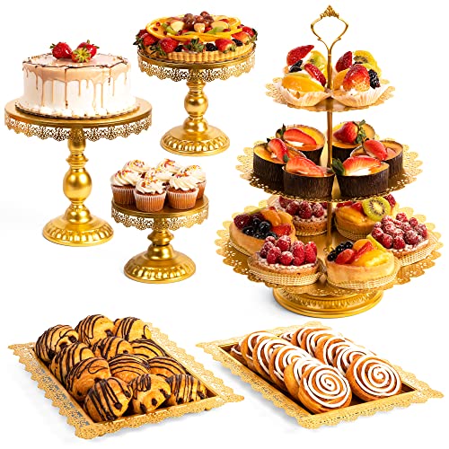 Priville Home 6-Piece Gold Cake Stand Set for Stunning Dessert Table Display - Elegant Dessert Trays for Dessert Table Setup - Wedding, Birthday, and Party Decorations