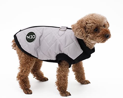 K10 Quiltee Coat - Warm Dog Coat with Leash Attachment - Water Resistant Jacket with Leash Ring - Built in D Ring Harness - Fleece Lined Vest - Lighter Than a Sweater - Small Dogs (S, Silver Grey)