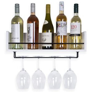 Rustic State William Wall Mount Wooden Wine Bottle and Stemware Rack Glassware Holder Floating Shelf - Home, Kitchen, Dining Room, Bar Décor Storage Organizer - White