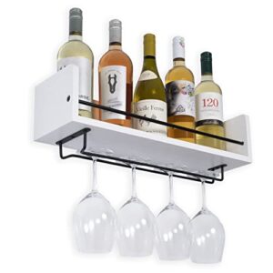 Rustic State William Wall Mount Wooden Wine Bottle and Stemware Rack Glassware Holder Floating Shelf - Home, Kitchen, Dining Room, Bar Décor Storage Organizer - White