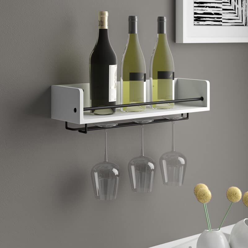 Rustic State William Wall Mount Wooden Wine Bottle and Stemware Rack Glassware Holder Floating Shelf - Home, Kitchen, Dining Room, Bar Décor Storage Organizer - White