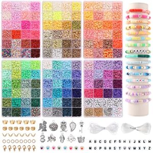 quefe 14000pcs, 136 colors clay beads for bracelet making kit flat round polymer clay beads spacer heishi beads for jewelry making with pendant charms kit letter beads and elastic strings