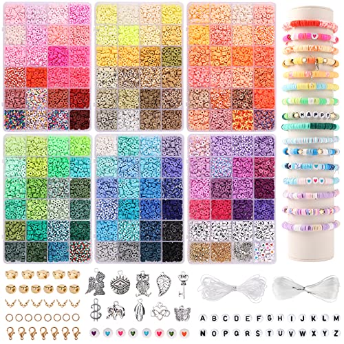 QUEFE 14000pcs, 136 Colors Clay Beads for Bracelet Making Kit Flat Round Polymer Clay Beads Spacer Heishi Beads for Jewelry Making with Pendant Charms Kit Letter Beads and Elastic Strings