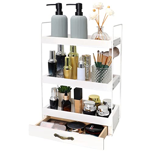 GNILLKO 3 Tier Bathroom Counter Organizer with Drawer, Wooden Bathroom Organizer Countertop, Countertop Bathroom Trays and Kitchen Spice Rack Vanity Organizer for Bathroom Counter(White)