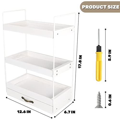 GNILLKO 3 Tier Bathroom Counter Organizer with Drawer, Wooden Bathroom Organizer Countertop, Countertop Bathroom Trays and Kitchen Spice Rack Vanity Organizer for Bathroom Counter(White)