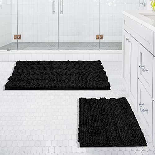 Yastouay 2 Pieces Bathroom Rugs Machine Washable Bath Mat Non Slip Bath Rugs Thick Shaggy Chenille Bath Mats for Bathroom, Shower, Door Mat(17" x 24" / 20" x 32", Black)