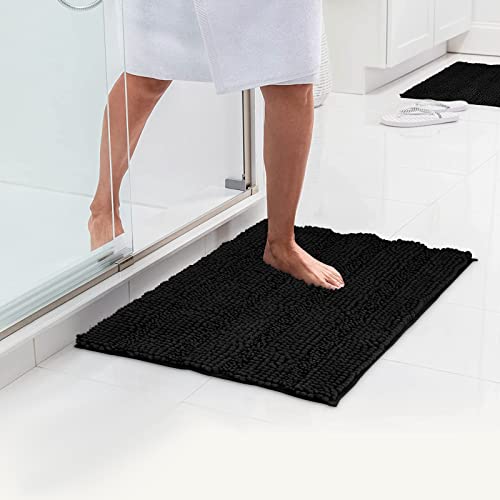 Yastouay 2 Pieces Bathroom Rugs Machine Washable Bath Mat Non Slip Bath Rugs Thick Shaggy Chenille Bath Mats for Bathroom, Shower, Door Mat(17" x 24" / 20" x 32", Black)