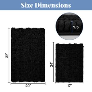 Yastouay 2 Pieces Bathroom Rugs Machine Washable Bath Mat Non Slip Bath Rugs Thick Shaggy Chenille Bath Mats for Bathroom, Shower, Door Mat(17" x 24" / 20" x 32", Black)