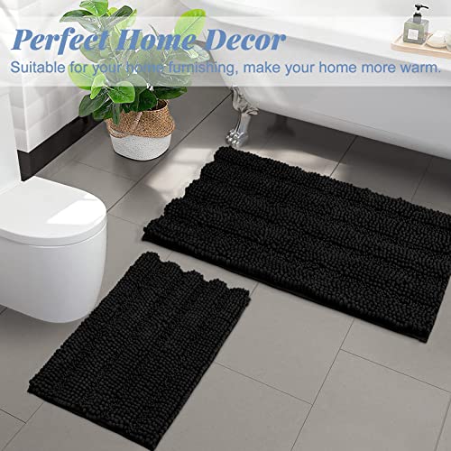 Yastouay 2 Pieces Bathroom Rugs Machine Washable Bath Mat Non Slip Bath Rugs Thick Shaggy Chenille Bath Mats for Bathroom, Shower, Door Mat(17" x 24" / 20" x 32", Black)