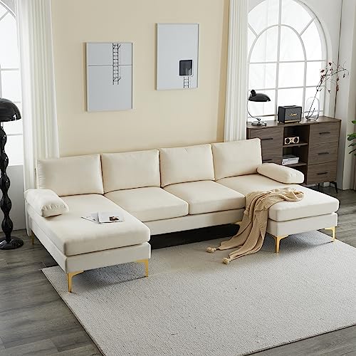 Karl home Convertible Sectional Sofa 110" U-Shape Sofa Couch 4-Seat Couch with Chaise Fabric Upholstered for Living Room, Apartment, Office, Beige