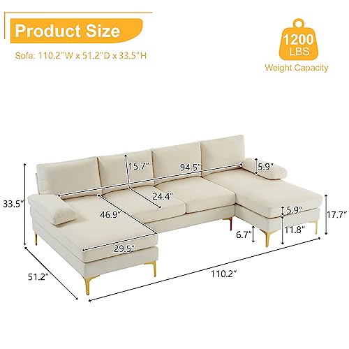 Karl home Convertible Sectional Sofa 110" U-Shape Sofa Couch 4-Seat Couch with Chaise Fabric Upholstered for Living Room, Apartment, Office, Beige