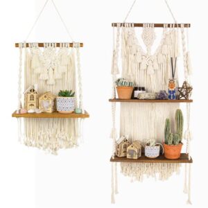 anroye 1 tierand 2 tier macrame boho wall hanging shelf, handmade bohemian wooden woven plants floating shelves decor, mini chic rope crystal holder organizer