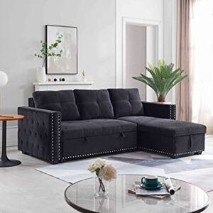 Tulib Reversible Sectional Sofa with Chaise, Sleeper Couch Storage and Pull Out Bed, Button Tufted Nail Head Trim Seating Furniture for Living Room, 91 Black