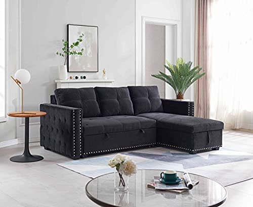 Tulib Reversible Sectional Sofa with Chaise, Sleeper Couch Storage and Pull Out Bed, Button Tufted Nail Head Trim Seating Furniture for Living Room, 91 Black