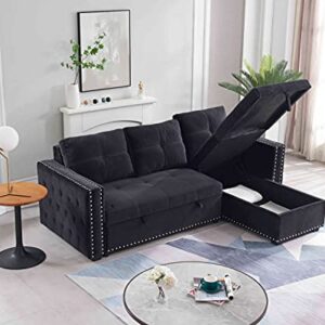 Tulib Reversible Sectional Sofa with Chaise, Sleeper Couch Storage and Pull Out Bed, Button Tufted Nail Head Trim Seating Furniture for Living Room, 91 Black