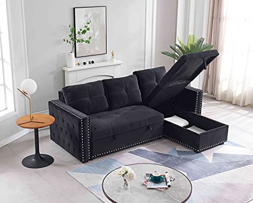 Tulib Reversible Sectional Sofa with Chaise, Sleeper Couch Storage and Pull Out Bed, Button Tufted Nail Head Trim Seating Furniture for Living Room, 91 Black