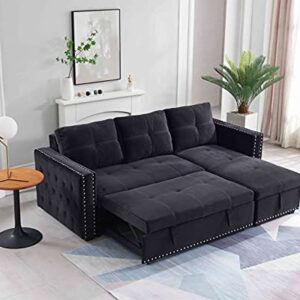 Tulib Reversible Sectional Sofa with Chaise, Sleeper Couch Storage and Pull Out Bed, Button Tufted Nail Head Trim Seating Furniture for Living Room, 91 Black