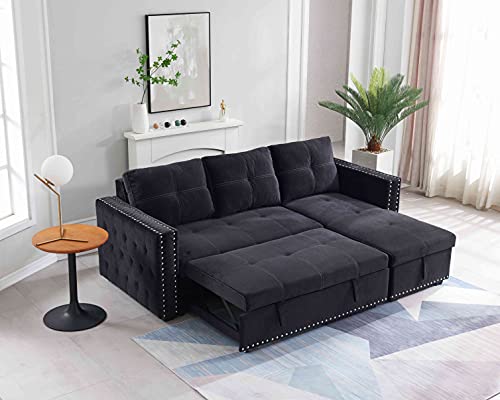 Tulib Reversible Sectional Sofa with Chaise, Sleeper Couch Storage and Pull Out Bed, Button Tufted Nail Head Trim Seating Furniture for Living Room, 91 Black