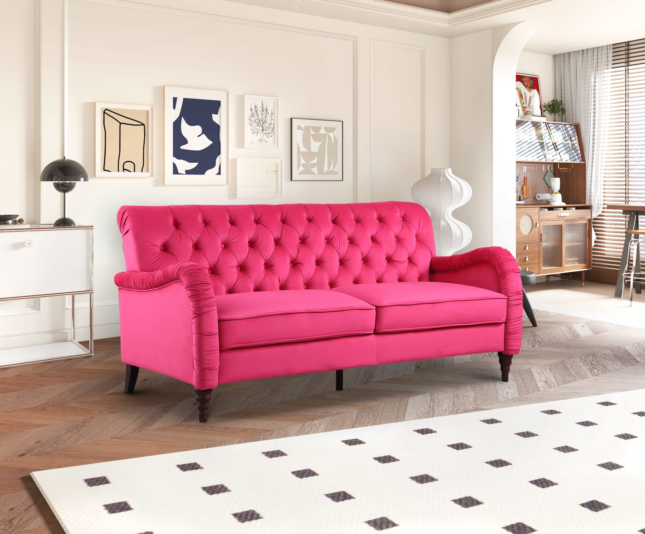 Melpomene Chesterfield-Styled 3 Seater Sofa Couch, Modern 72" Velvet Sofa with Button Tufting, Unique Arm and Wood Legs,Rose Red