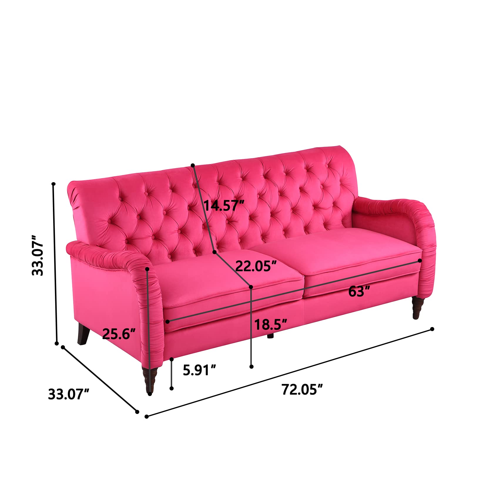 Melpomene Chesterfield-Styled 3 Seater Sofa Couch, Modern 72" Velvet Sofa with Button Tufting, Unique Arm and Wood Legs,Rose Red