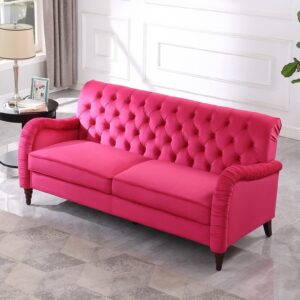 Melpomene Chesterfield-Styled 3 Seater Sofa Couch, Modern 72" Velvet Sofa with Button Tufting, Unique Arm and Wood Legs,Rose Red