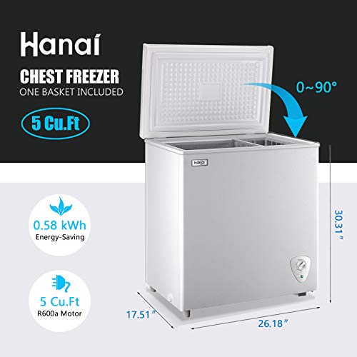 Chest Freezer Compact Deep Freezer WANAI 5.0 Cu.Ft for Garage Adjustable Temperature 7 Thermostat and Energy Saving Removable Basket for Garage Basement Dorm Apartment Kitchen Business