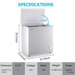 Chest Freezer Compact Deep Freezer WANAI 5.0 Cu.Ft for Garage Adjustable Temperature 7 Thermostat and Energy Saving Removable Basket for Garage Basement Dorm Apartment Kitchen Business