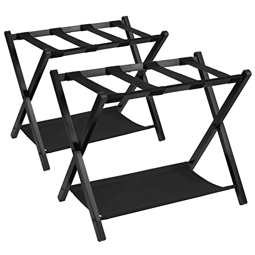 Heybly Luggage Rack Steel Folding Suitcase Stand with Storage Shelf for Guest Room Bedroom Hotel (Black, 2)