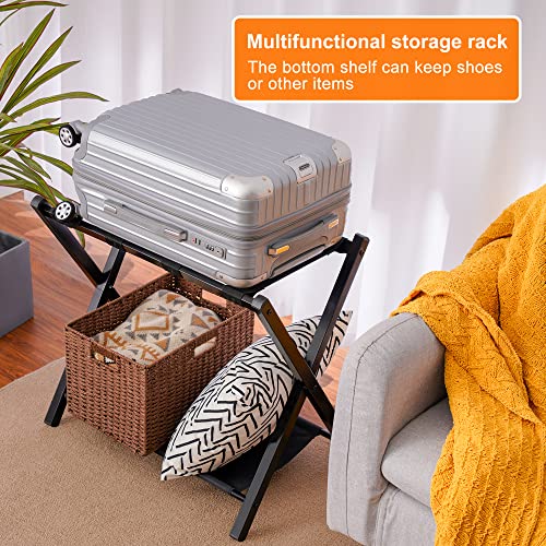 Heybly Luggage Rack Steel Folding Suitcase Stand with Storage Shelf for Guest Room Bedroom Hotel (Black, 2)