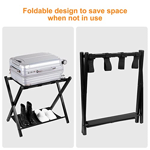 Heybly Luggage Rack Steel Folding Suitcase Stand with Storage Shelf for Guest Room Bedroom Hotel (Black, 2)