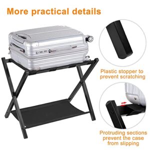 Heybly Luggage Rack Steel Folding Suitcase Stand with Storage Shelf for Guest Room Bedroom Hotel (Black, 2)