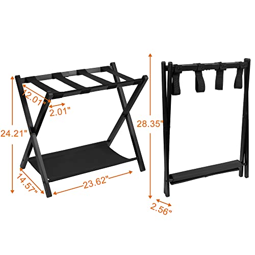 Heybly Luggage Rack Steel Folding Suitcase Stand with Storage Shelf for Guest Room Bedroom Hotel (Black, 2)