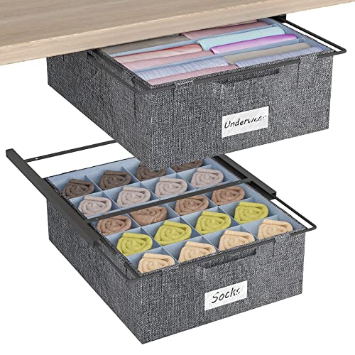 JKsmart Pull Out Sock Underwear Organizer Divider, Under Shelf Fabric Dresser Organizers, Foldable Closet Storage Drawer for Socks and Underwear, Ties, Bra, Panty Clothes, 2 Set, Grey